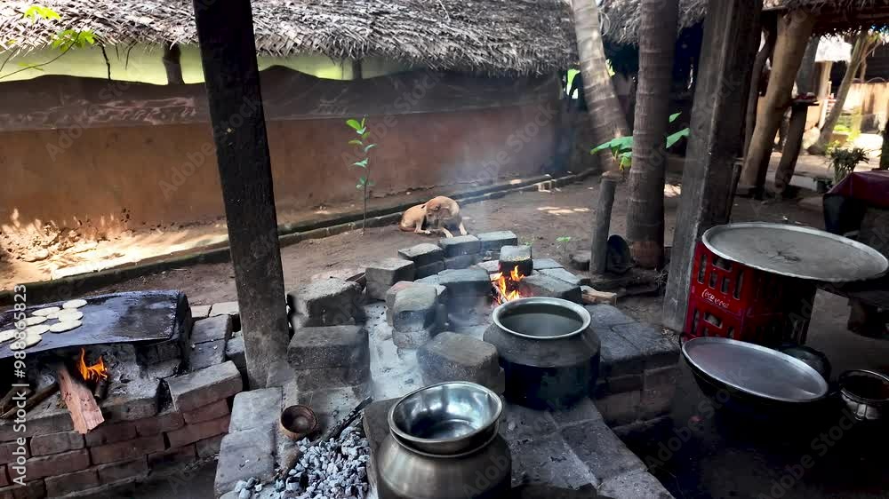 An outdoor kitchen under a thatched roof, featuring cooking pots and a ...