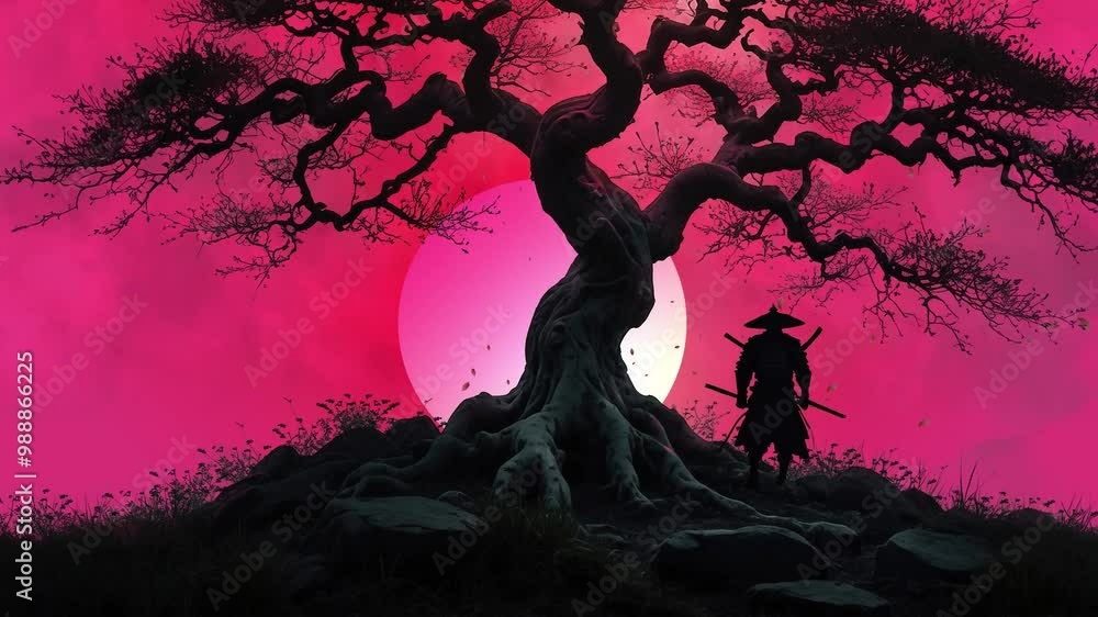 Samurai Standing Under The Cherry Blossom Tree. A Samurai Standing ...