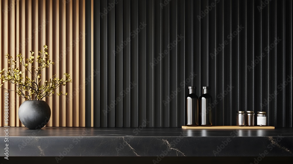 Black kitchen countertop on wooden wall panels made of vertical slats ...