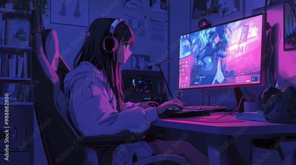 Anime girl in her room sitting on a gaming chair and using a computer ...