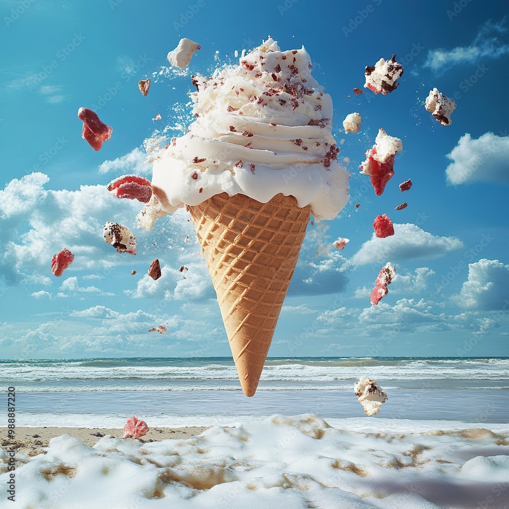 An explosion of flying ice creams bursts onto the beach under the blue ...