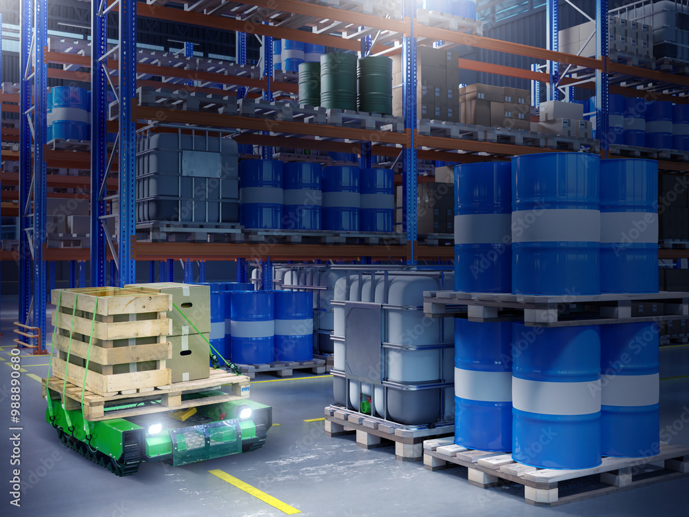 Warehouse robot. Automatic trolley for transporting pallets. Robot ... Warehouse robot. Automatic trolley for transporting pallets. Robot ...