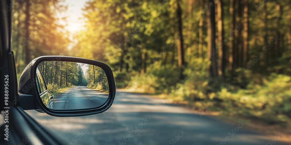 Rear view side mirror of a car on a highway, seen through the rear view ...