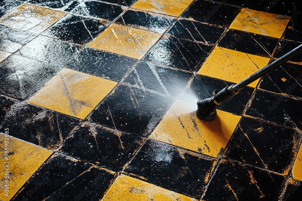 Dirty tile floor being cleaned. A powerful water jet is used to remove ...