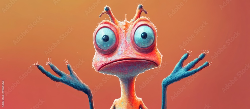 Surreal cartoon depiction of an unusual alien character expressing ...