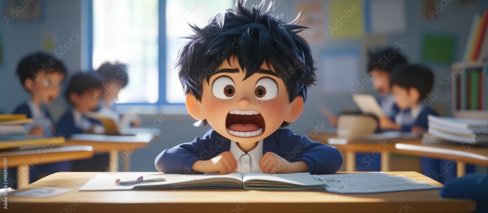 Asian schoolboy in an animated setting displaying facial expressions ...