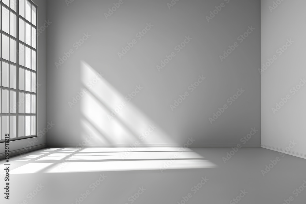 Bright and spacious empty room with large windows casting shadows ...