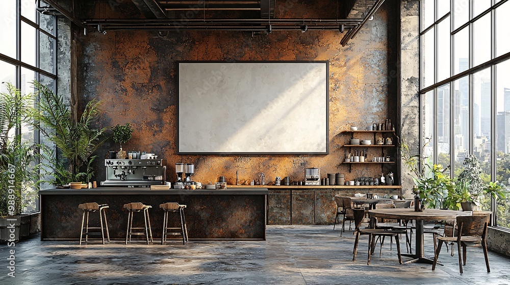 Industrial chic cafe with a metal-framed cooking island and a large ...