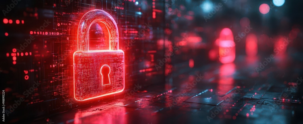 cybersecurity concept glowing neon padlock digital matrix background binary code overlay ...