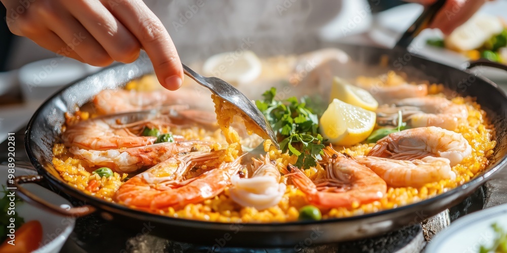 Paella traditional Spanish dish of Albufera with seafood Mediterranean ...