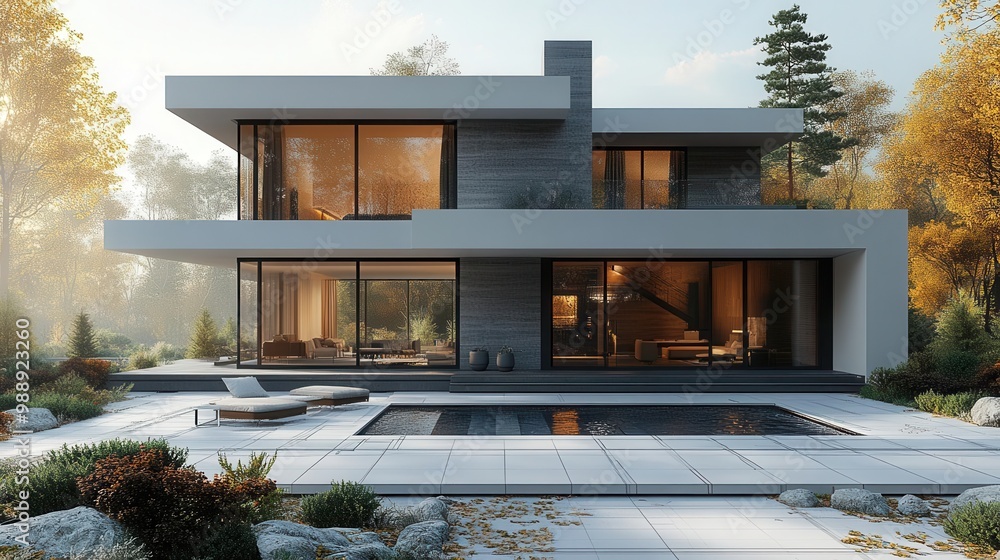 3d rendering of modern house design wireframe overlay on photorealistic ...
