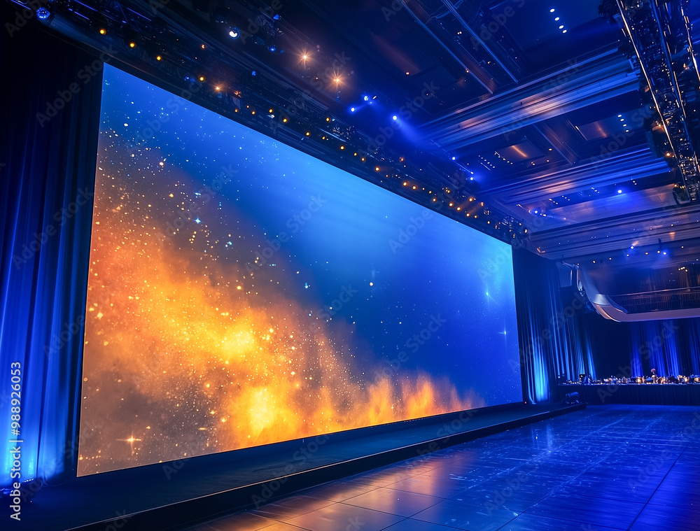 Corporate event stage with immersive lighting effects and a digital ...