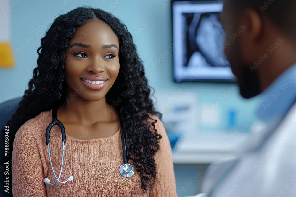 Doctor examining black female patient with sonogram at medical clinic ...