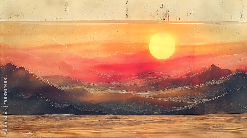 Epoxy resin sunset horizon design on a wooden table, with gradient ...