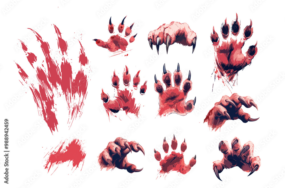 Animal claws color ink sketch vector set. Predator paw tiger puma ...