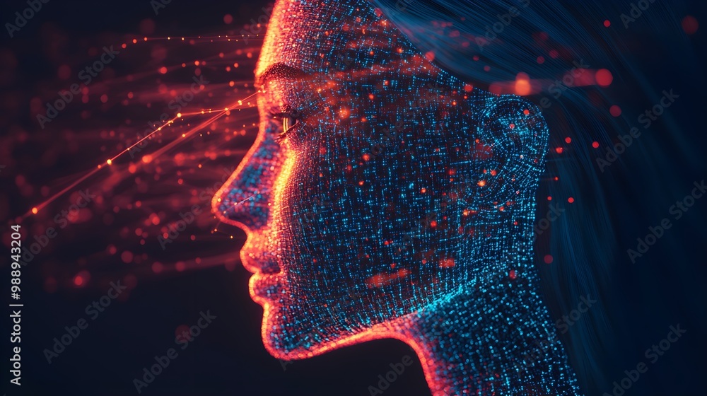 Realistic close-up portrait of a human head, with digital matrix ...