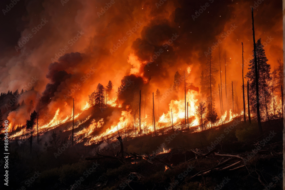 Devastating forest fire engulfing trees and filling the sky with smoke ...