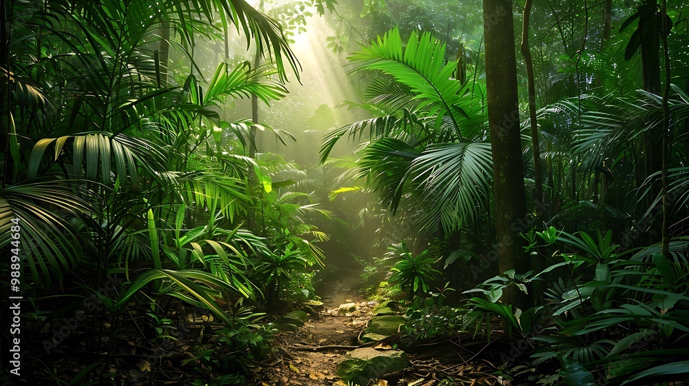 Sunlight streams through a dense jungle, illuminating the lush greenery ...