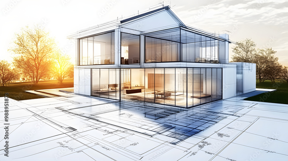 building project plan blueprint of a modern house. Designed using generative ai Stock ...