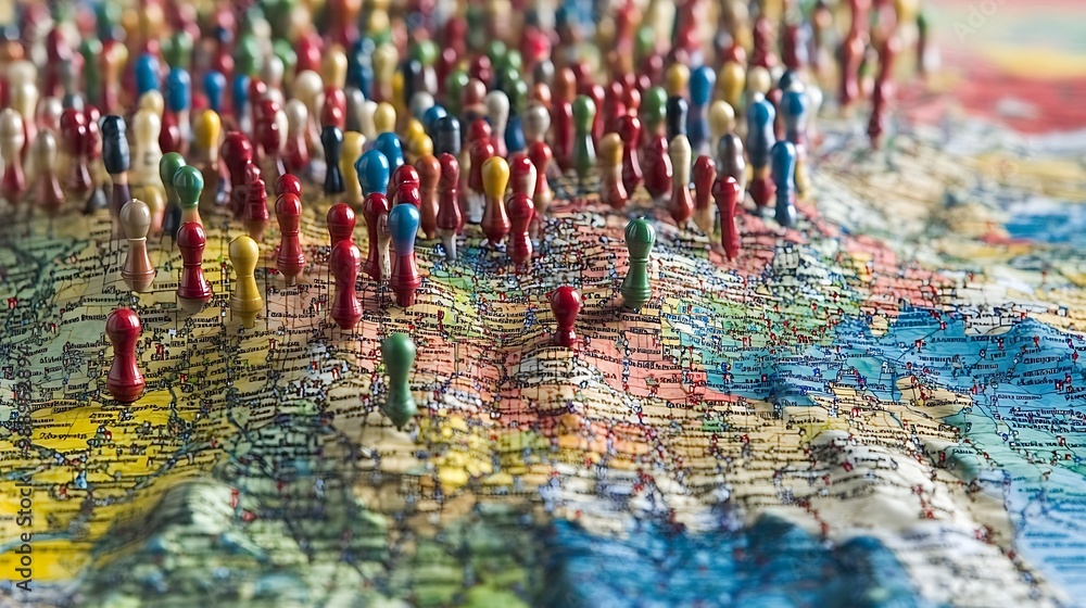 A detailed map spread out, with vibrant red, blue, and green pins ...