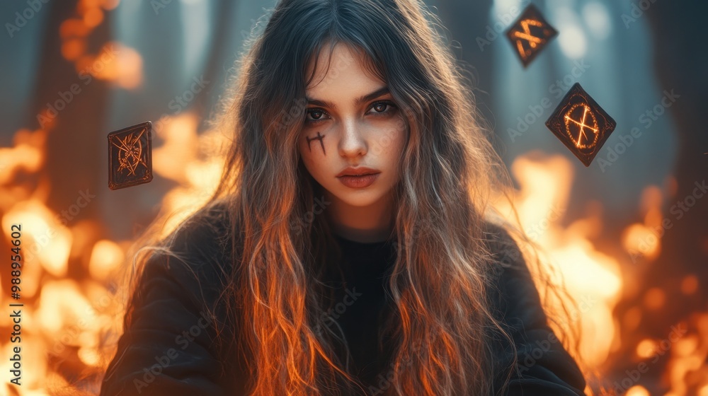 Mystical Witch with Flaming Background and Floating Runes, Enchanting ...