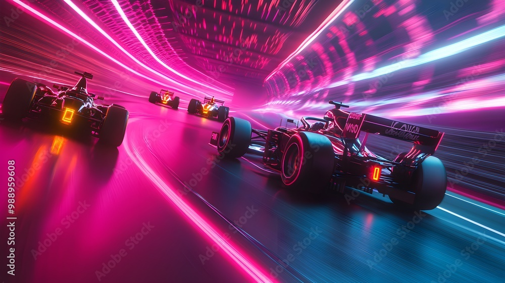 Bird's-eye view of a high-speed Formula 1 race, dynamic motion trails ...