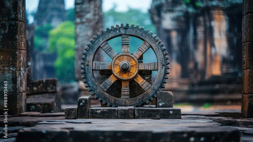 An ancient, stone gear mechanism turning a massive wooden wheel, set in ...