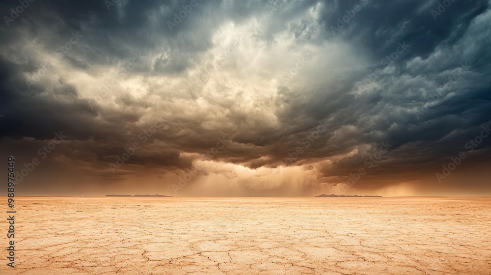 Thunderstorm clouds gathering over a vast desert landscape, desert ...