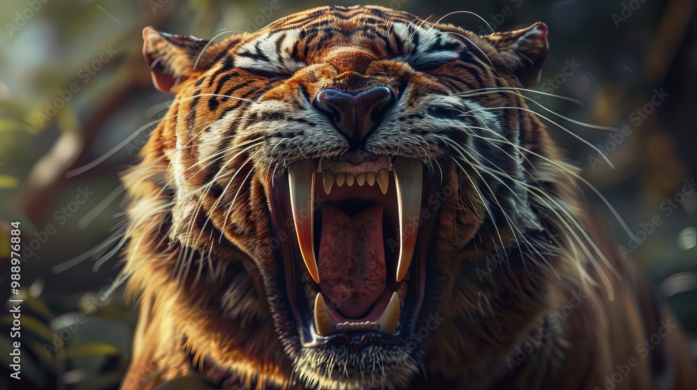 A fearsome sabertooth tiger, its long, sharp teeth bared in a ferocious ...