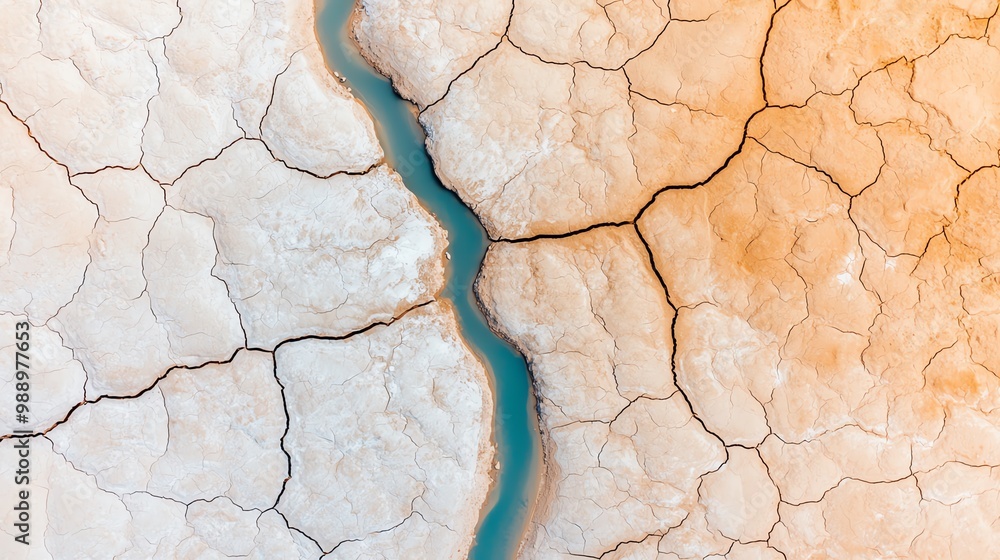 Cracked riverbed in a droughtstricken area, topdown view, midday sun ...