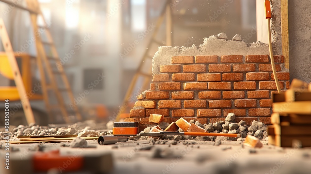 Building a Brick Wall: Minimalist 3D Vector Construction Scene with ...
