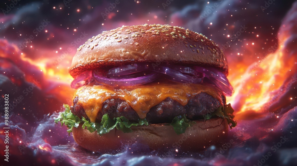 cosmic cheeseburger floating in deep space surrounded by swirling ...