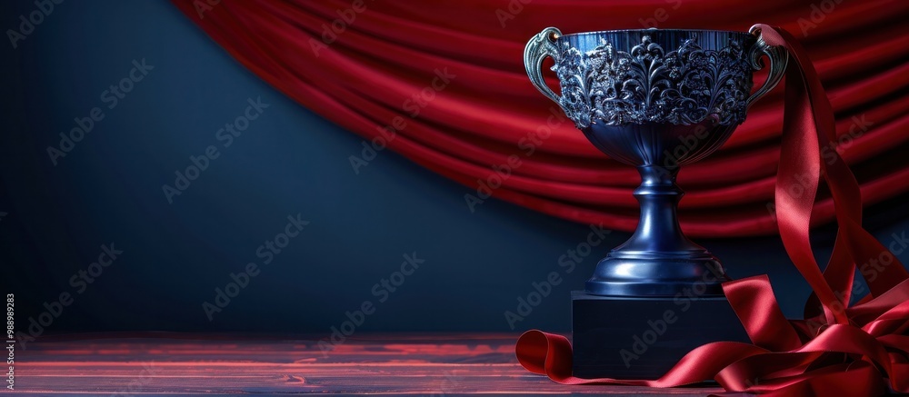 Elegant and prestigious trophy cup placed on a red velvet curtain ...