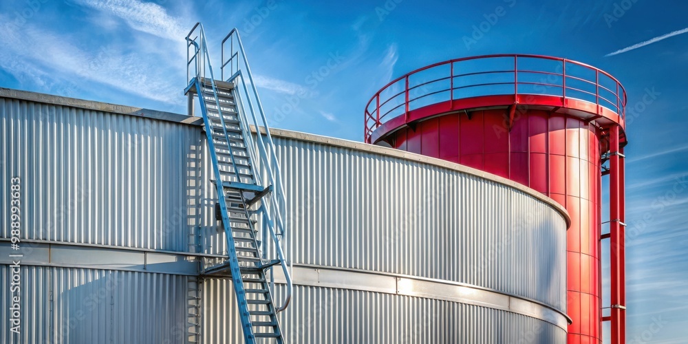 A fire ladder leading to a cylindrical water tank on the roof of an ...