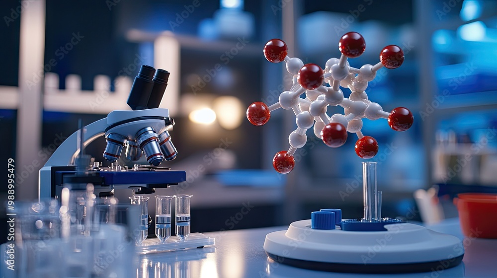 A molecular model highlighting the structure of a protein, placed next ...