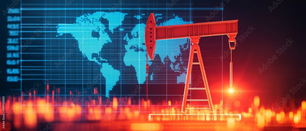 Oil drilling rig with world map background and data visualization ...