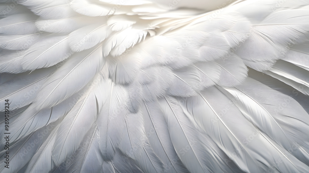 Closeup, white and feathers background for peace, calm and spirituality ...