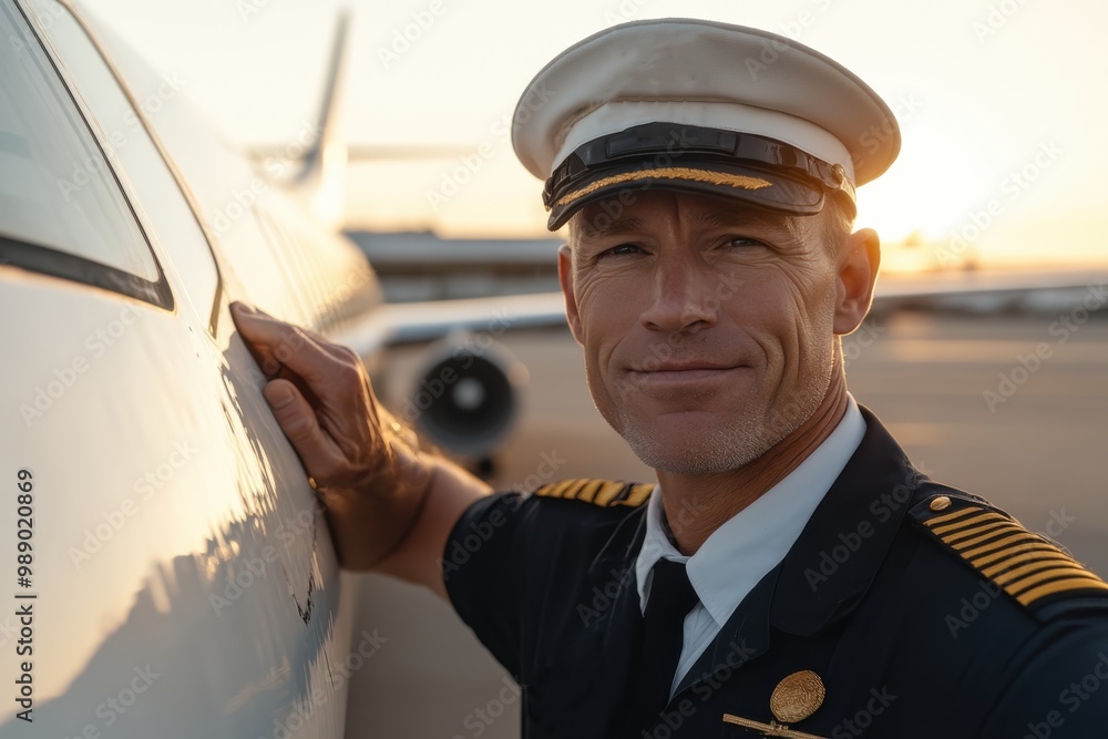 A proud pilot wearing a traditional cap and uniform stands by his ...