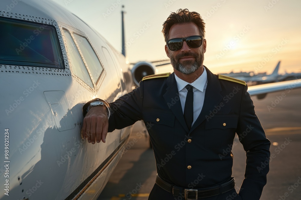 A pilot with sunglasses leans confidently against a private jet ...