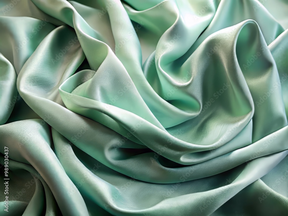 Folded silk drapes softly lit from behind, muted mint green hue ...