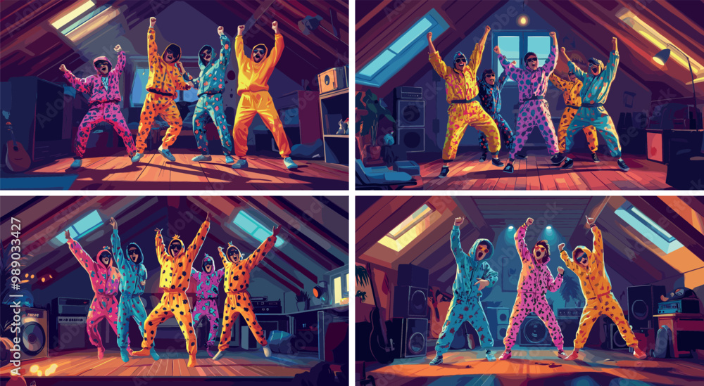 Pajama party cartoon vector scenes. People group jump dance hands up ...
