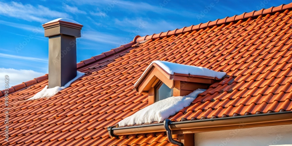 Roof with traditional red clay tiles, gutter, downspout, snow guard ...