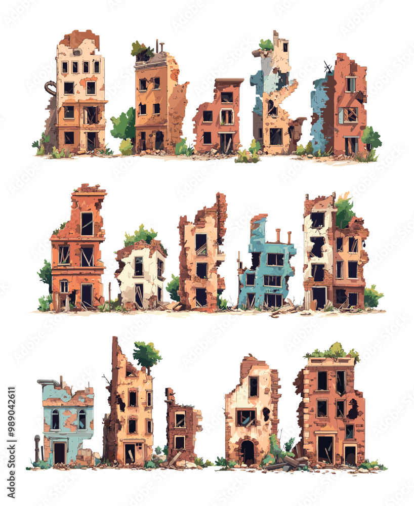 Ruined city buildings cartoon vector set. Urban destroyed war ruins ...