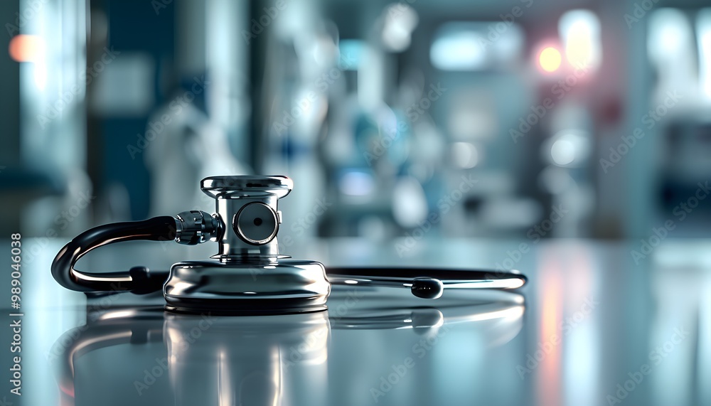 Stethoscope on sterile hospital backdrop, highlighting diagnostic ...