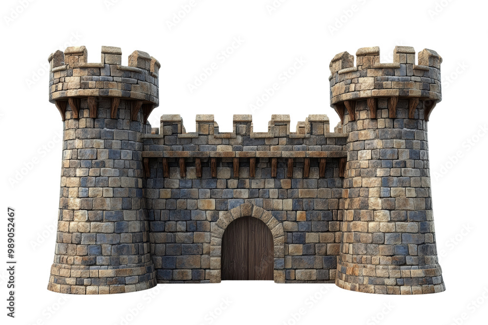 Medieval stone castle with towers, isolated on a white background ...