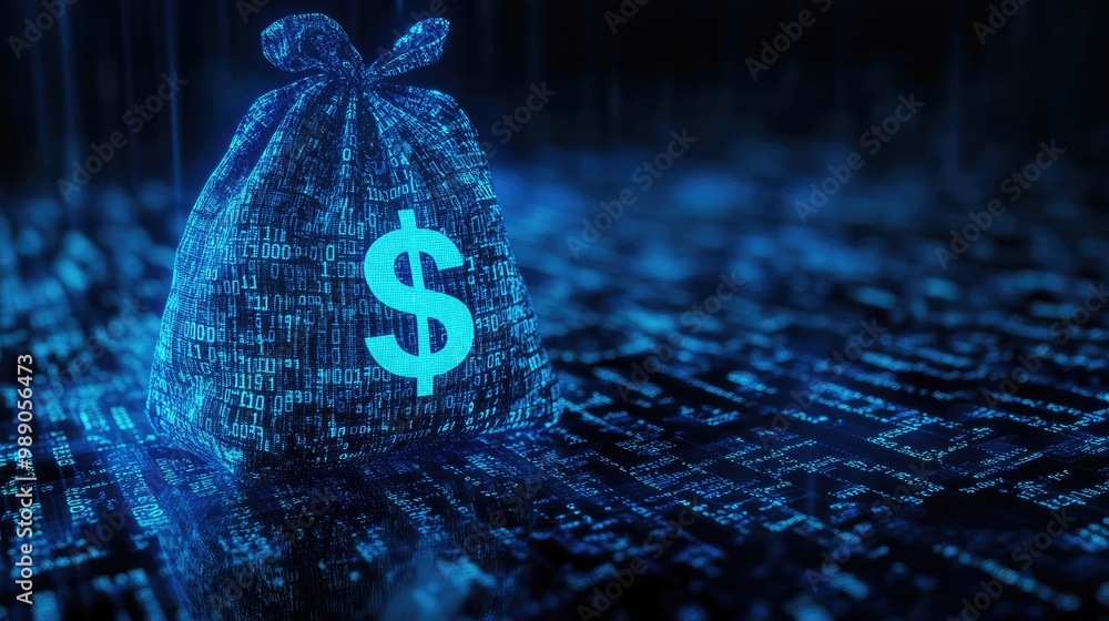 Blue digital money bag featuring a dollar icon and streams of binary ...