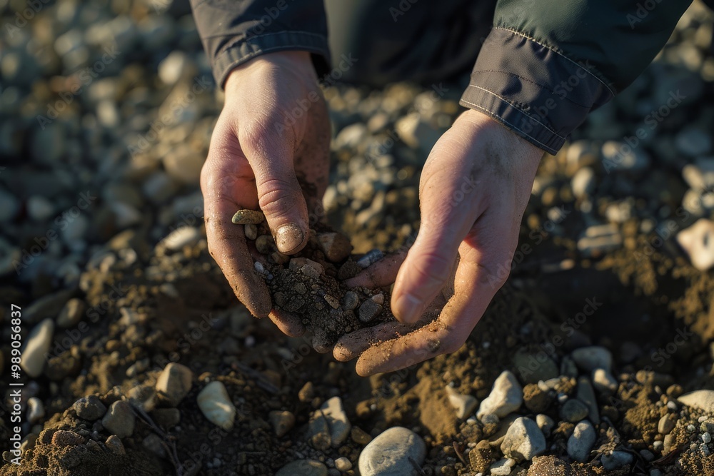 Hands sift through rocks and dirt, emphasizing a detailed look at the ...