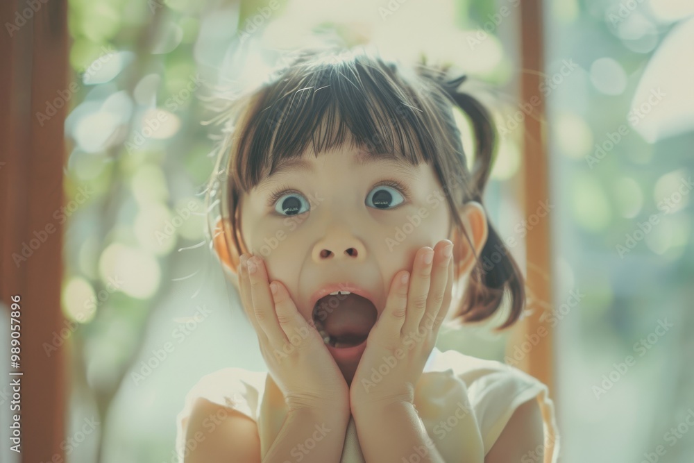 An astonished child with wide eyes and hands on their face captures a ...