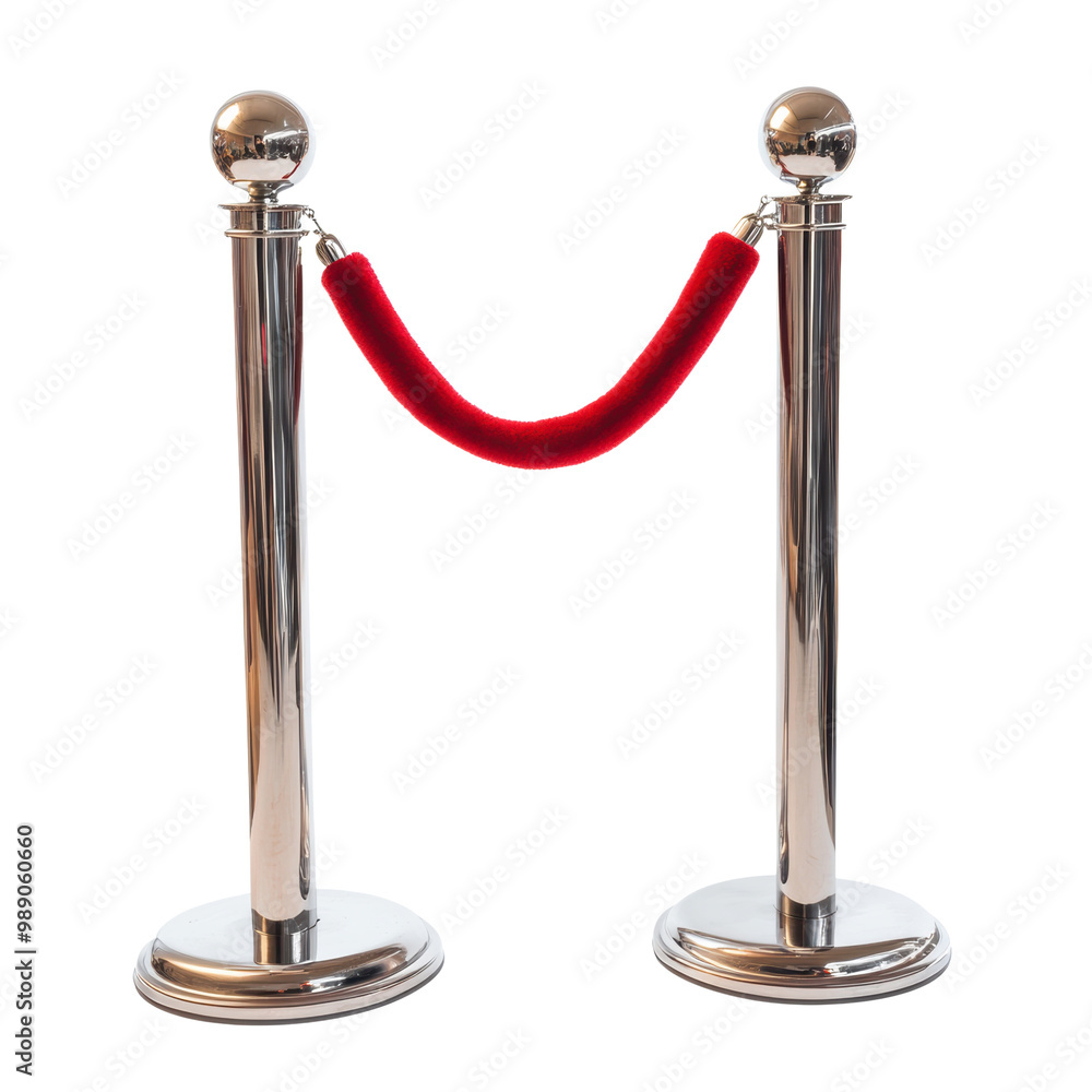 Red velvet rope barrier with chrome posts, white isolate background ...
