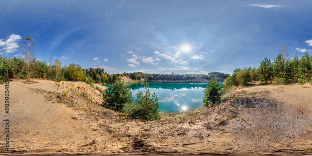 360 hdri panorama on limestone coast of huge green lake for sand chalk ...